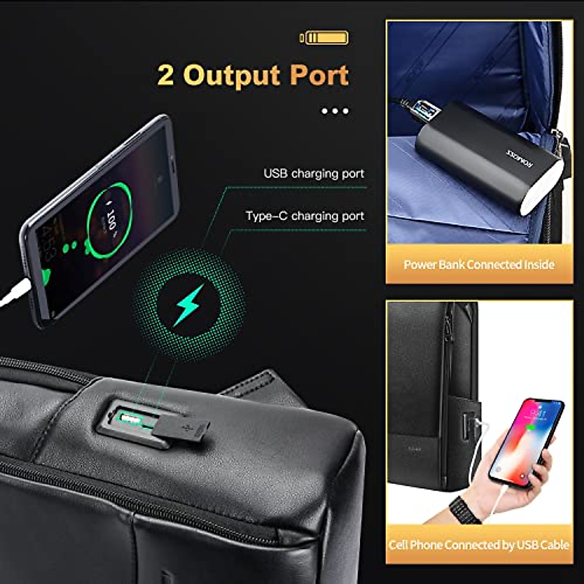 BOPAI Unisex Slim Genuine Leather Laptop Backpack Men for 15-15.6 inch Business Smart Professional Lightweight Backpack with USB Charging Office Commuter Computer Rucksack Executive Anti Theft Black