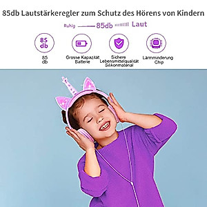 LOBKIN Unicorn Kids Headphones Cat Ear, Wired Toddler Headphones with LED Light Up, 85dB Volume Limited, Foldable 3.5mm Jack Girls Headphones for School/Travel/iPad/Tablet - Purple