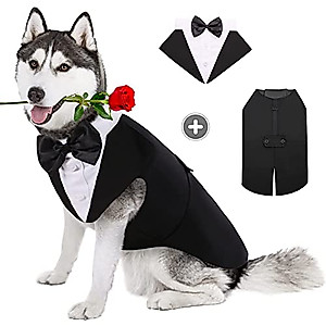 Dog Tuxedo and Bandana Set, 2 Pack Pet Costume Puppy Formal Party Suit, Dog Clothes for Small Medium Large Dogs, Dog Prince Bow Tie Shirt Dog Wedding Attire for Golden Retriever Samo Bulldogs (L)