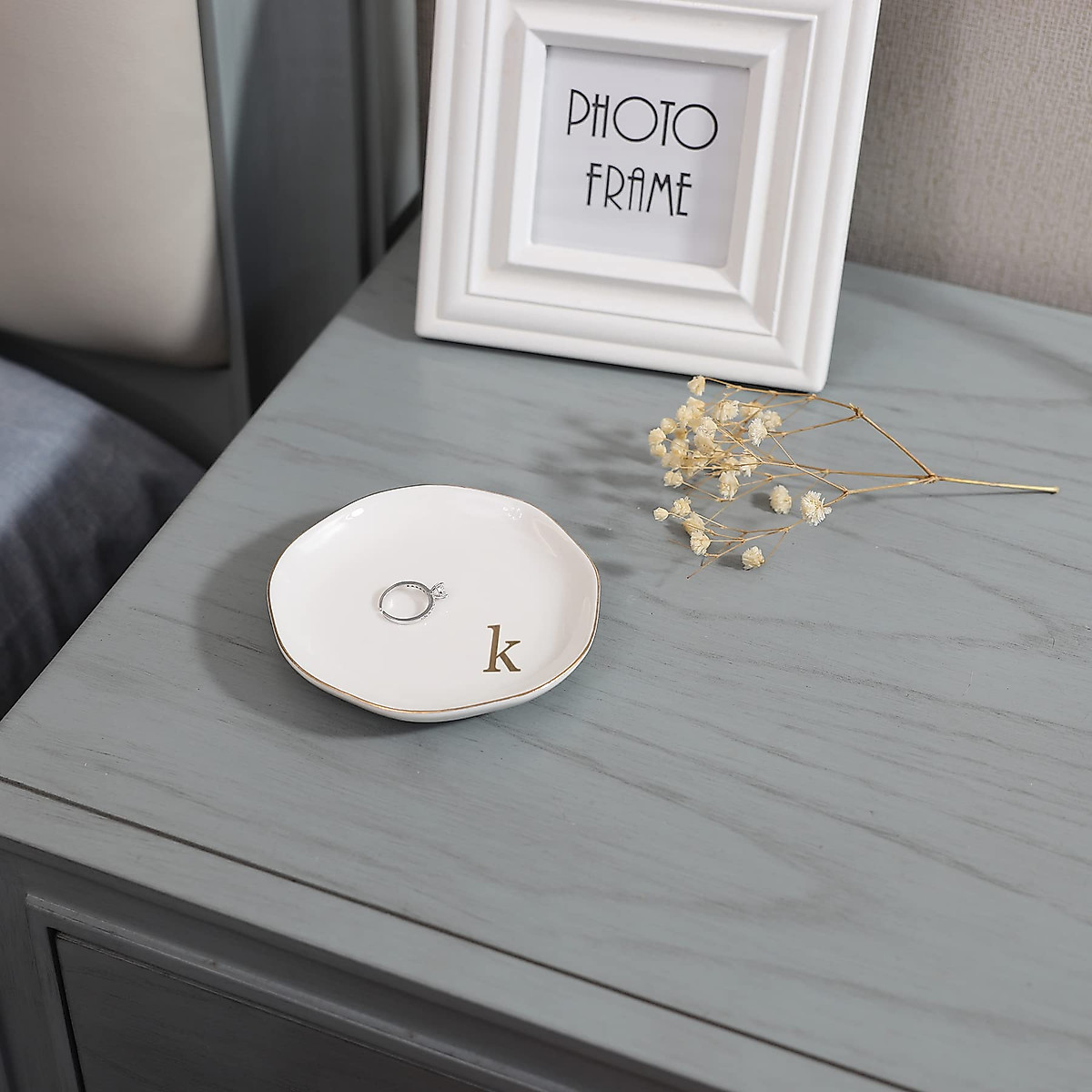 HOME SMILE Initials Ring Dish Jewery Tray with Personalized K-Monogrammed Engagement Wedding Gifts for Friends,Sister,Birthday Christmas Gifts for Women,Ceramic White