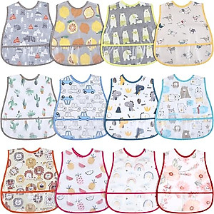 Jeyiour 24 Pcs Baby Waterproof Bibs with Food Catcher Adjustable Snaps Plastic Feeding Bibs for Toddlers, 6 to 36 Months