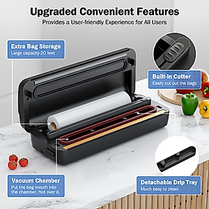 Vacuum Sealer, Food Vacuum Sealer Machine, 80Kpa Powerful Compact Vacuum Food Sealer with Bags Storage and 5 Bags, 1 Pack Bag Roll, Dry & Moist Modes (Silver)