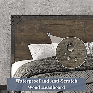 Allewie Twin Size Bed Frame with Wood Headboard, Metal Platform Frame with Strong Slats and Rivet Decoration, Easy Assembly, No Box Spring Needed, Noise Free, Brown