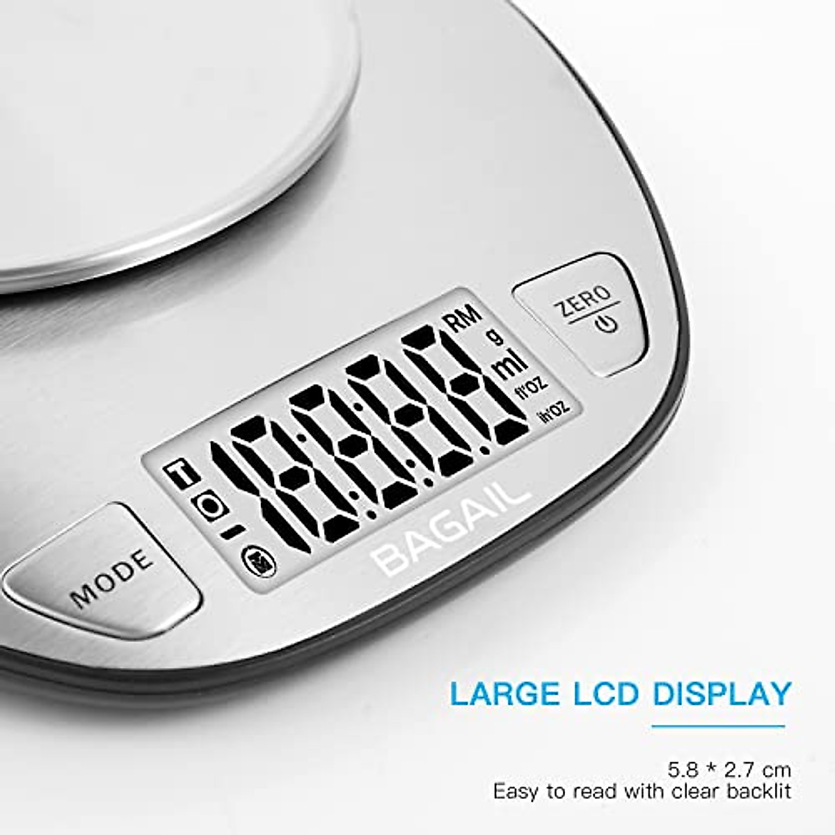 BAGAIL BASICS Electronic Kitchen Scale Premium Large Display Backing Scale Wet and Dry Food Weighing Scale with Stainless Steel Mixing Bowl - 5kg