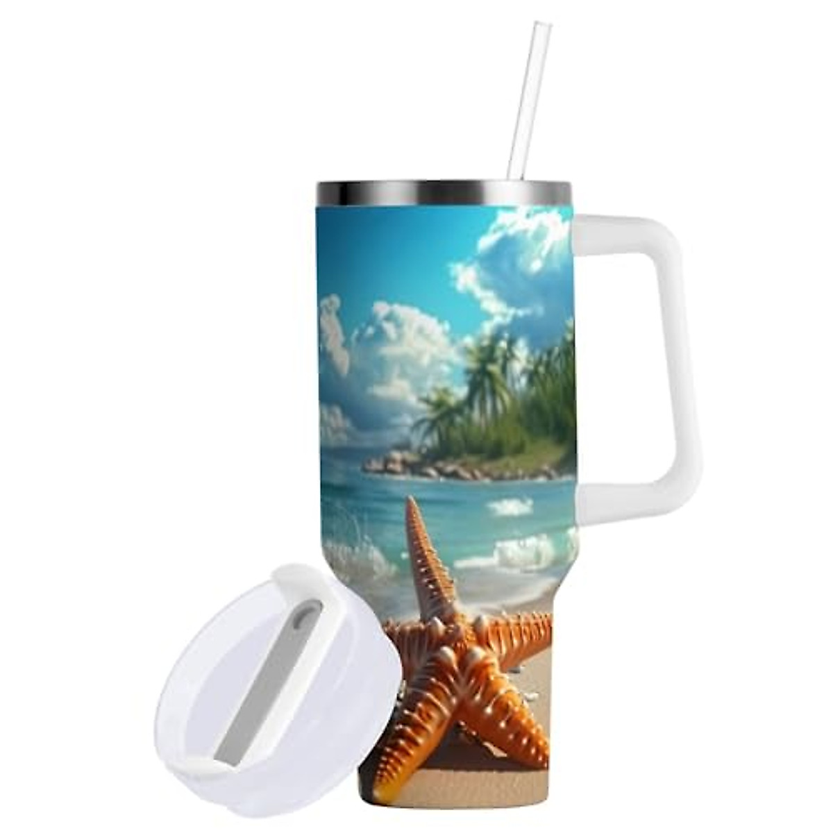 Jihqo Starfish on Seaside Beach 40 oz Stainless Steel Vacuum Insulated Tumbler with Handle and Straw Lid, Leakproof Water Bottle Double Wall Travel Mug Coffee Cup, Cupholder Friendly