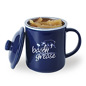 ONTUBE Ceramic Bacon Grease Container with Strainer, Cooking Oil Storage Can Grease Keeper for Kitchen, Navy