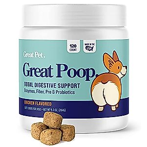 Great Poop Probiotics for Dogs - A Fiber for Dogs Supplement with Dog Probiotics and Digestive Enzymes for a Healthy Gut, Firm Stool & Diarrhea Relief - Chicken Flavored Pet Soft Chews with Prebiotics