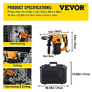 VEVOR Hammer Drill, 1500W 1.26", 13A Rotary Hammer with 3-Mode for Hammering & Drilling Concrete, SDS Plus Breaking Machine with Case, Bits, Chisels and Vibration Control System