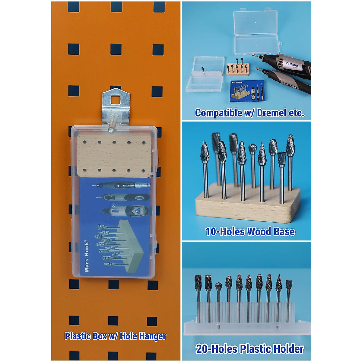 Mars-Rock Carbide Burr Set Compatible with Dremel Milwaukee 1/8" Shank 10PCS w/Wood Base Die Grinder Rotary Tool Rasp Bits Accessories Attachments Metal Wood Stone Plastic Carving Cutting Grinding