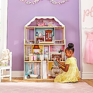 KidKraft Charlotte Classic Wooden Dollhouse with EZ Kraft Assembly™, 14-Piece Accessory Set, for 12-Inch Dolls, Gift for Ages 3+