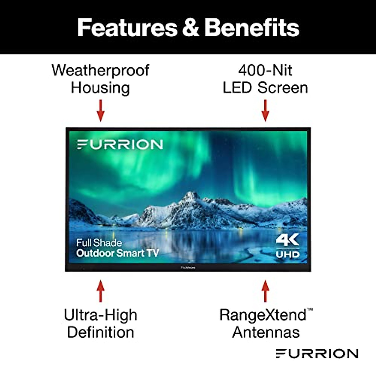 Aurora 50-Inch Full-Shade 4K LED Outdoor Smart TV - Weatherproof HDR10 LED Outdoor Television with Anti-Glare, 400-Nit LED Screen, RangeXtend External Antennas for Fully Shady Outdoor Living Areas