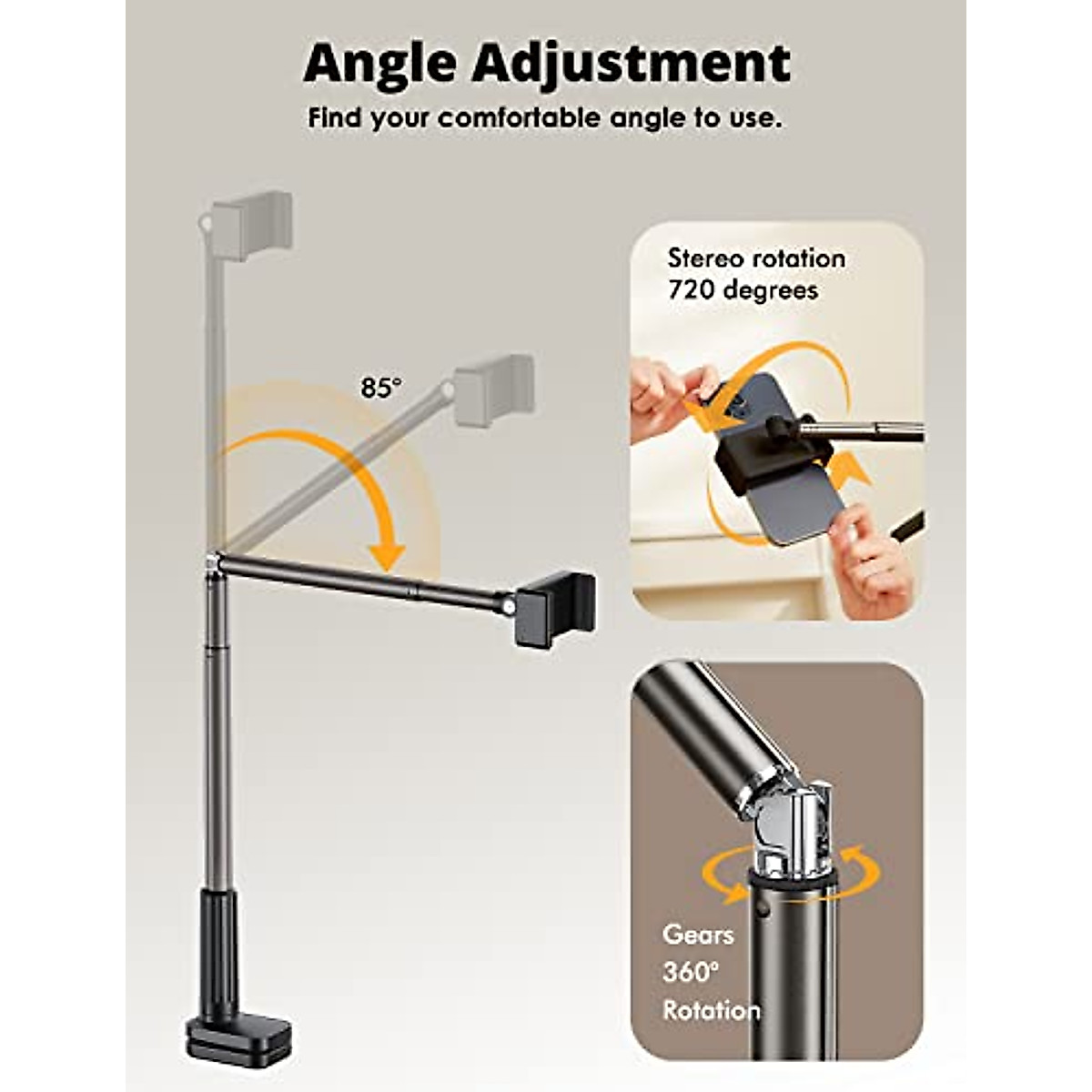 SupeDesk Extendable Cell Phone Stand, C-clamp, Lazy Phone Stand, for 3.5-6.7" Phone, Lying in Bed, Height Angle Adjustable, 360 Rotate, Aluminum Alloy, Lightweight, Black
