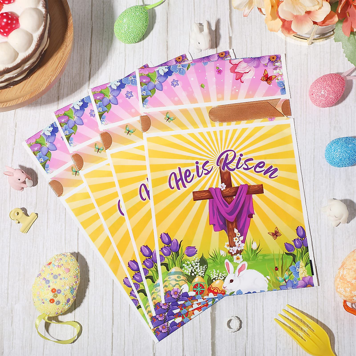 50 Pieces Easter Drawstring Gift Bags Plastic Easter Treat Bags Easter Wrapping Bag Inspiring He is Risen Sign Treat Candy Bags Easter Cookie Bags Goody Bags for Easter Theme Bible School Party Favor