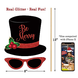 Glitter Christmas Photo Booth Props Kit - 25 Count Large Photography Party Decorations Gifts, Fun Santa Elfie Selfie Posing Signs DIY Craft Backdrop Accessories for Birthday New Year Holiday