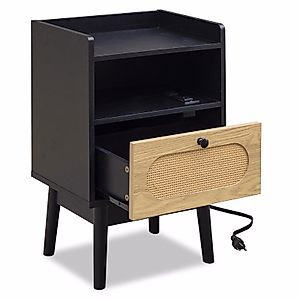 Lomojo Rattan Nightstand Set of 2, Bedside Table with Charging Station, Modern Night Stand,Wood Boho Side Table,Mid Century Small End Table with Drawer for Bedroom (black2)