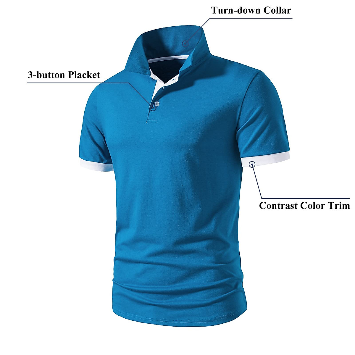 A WATERWANG Men's Short Sleeve Polo Shirts, Slim-fit Cotton Golf Polo Shirts Basic Designed Teal Blue