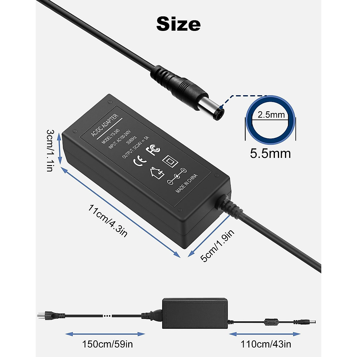 24V DC Power Supply Adapter 5A 120W 24Volt Power Adapter 100-240V 50-60Hz AC to DC Converter 24V5A Switching Power Supply Transformer, DC Outlet Plug 5.5mm x 2.5mm & 3-Prong AC Cable