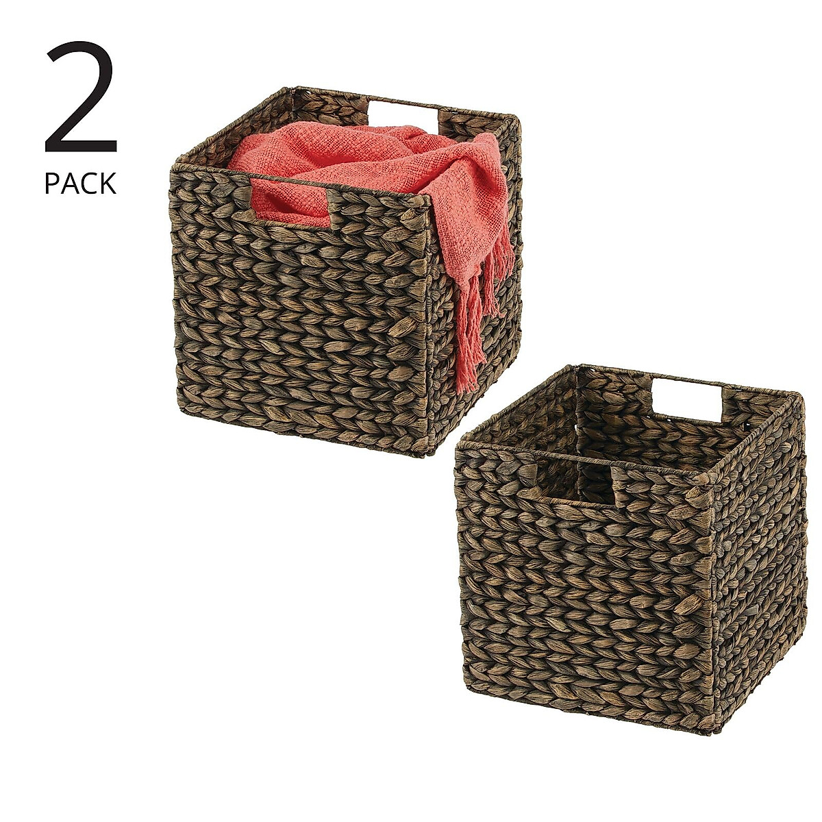 mDesign Natural Woven Hyacinth Cube Organizer Basket with Handles, Storage for Bathroom, Laundry Room Shelf or Nursery - Perfect for Cubby Storage Units - Hold Blankets and Books - 2 Pack, Black Wash