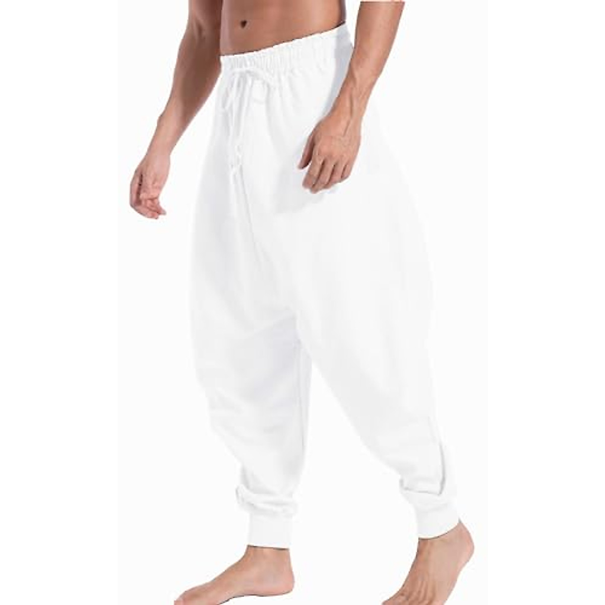 perdontoo Mens Baggy Harem Pants Elastic Waist Hippie Anime Pant Japanese Drop Crotch Trousers (32, White)