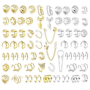FINREZIO 64PCS Ear Cuff Earrings for Women, Non Piercing Clip On Wrap Cartilage Earrings Helix Ear Cartilage Ear Cuffs, Ear Clip Fake Earrings Adjustable