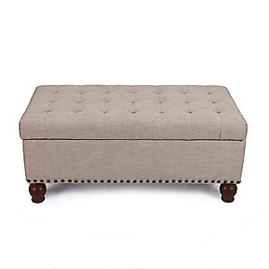 Adeco Rectangular Storage Ottoman Tufted Lift Top Bench Footstool with Sturdy Legs (Beige-2)
