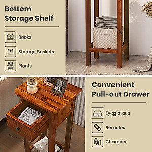 Giantex Tall End Table, Narrow Side Table with Drawer and Shelf, Acacia Wood Nightstand for Living Room, 2-Tier Bedside Table for Small Space, No Assembly, Rustic Brown