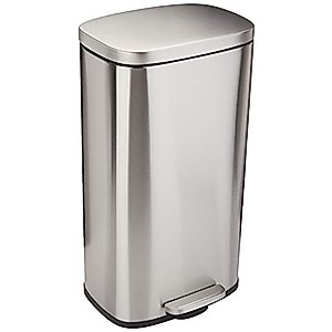 Amazon Basics 30 Liter / 7.9 Gallon Soft-Close, Smudge Resistant Trash Can with Foot Pedal - Brushed Stainless Steel, Satin Nickel Finish