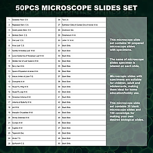 50 Microscope Slides and 100 Covers Set - 30 Prepared Microscope Slides with Specimens, 20 Blank Microscope Slides and 100 Microscope Coverslips - Microscope Slides for Kids Students Homeschool Use