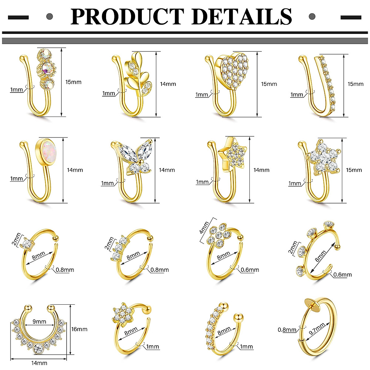 DOLOTTA 16Pcs Nose Cuff Fake Nose Ring Hoop Clip on Nose Ring Cubic Zirconia Fake Septum Nose Ring Cartilage Tragus Ring Nose Cuff Non Piercing for Women Men Gold