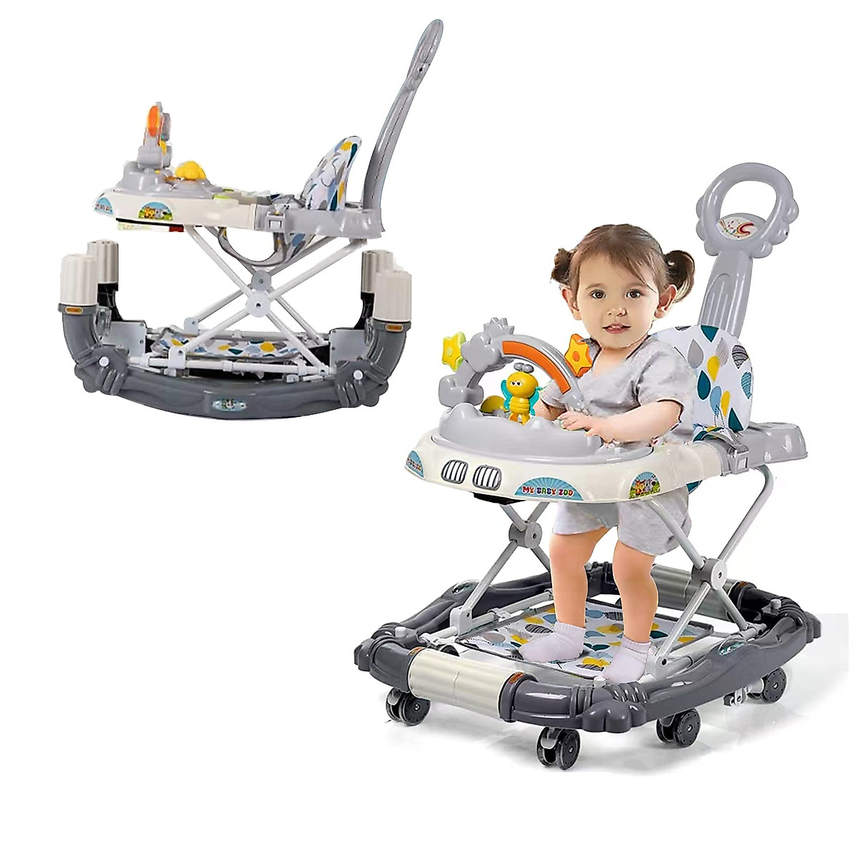 Boyro Baby 4 in 1 Baby Walker, Baby Walkers for Boys and Girls with Removable Footrest, Feeding Tray and Rocking Function with Music Tray, Foldable Activity Walker for Baby 6-18 Months, Help Baby Walk