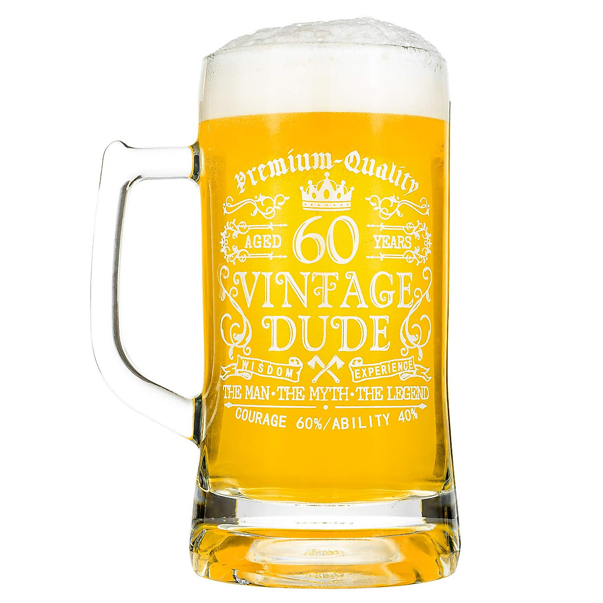 Crisky 60th Birthday Vintage Dude Beer Mug for Men 60 Years Old Gift 21 oz Birthday Beer Glass for Him, Husband, Father, Brother Friends Uncle Coworker, Large Capacity Beer Mug Gift, with Box