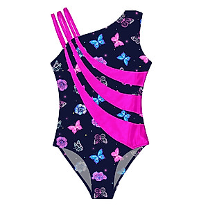 YEAHDOR Kids Girls Gymnastic Ballet Dance Leotard Print Leotard with Shiny Boyshort Set One Shoulder Bodysuit Sets Printed Hot Pink 14 Years