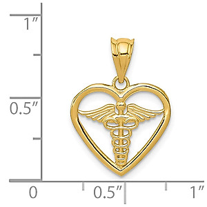 Solid 14k Yellow Gold RN Registered Nurse Caduceus Symbol Heart RN Registered Nurse Caduceus Symbol Medical Emergency Alert Pendant Charm - 22mm x 16mm