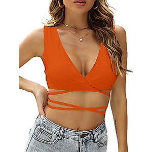 LYANER Women's Sexy Warp V Neck Sleeveless Crop Top Criss Cross Tie Back Backless Cami Orange Large