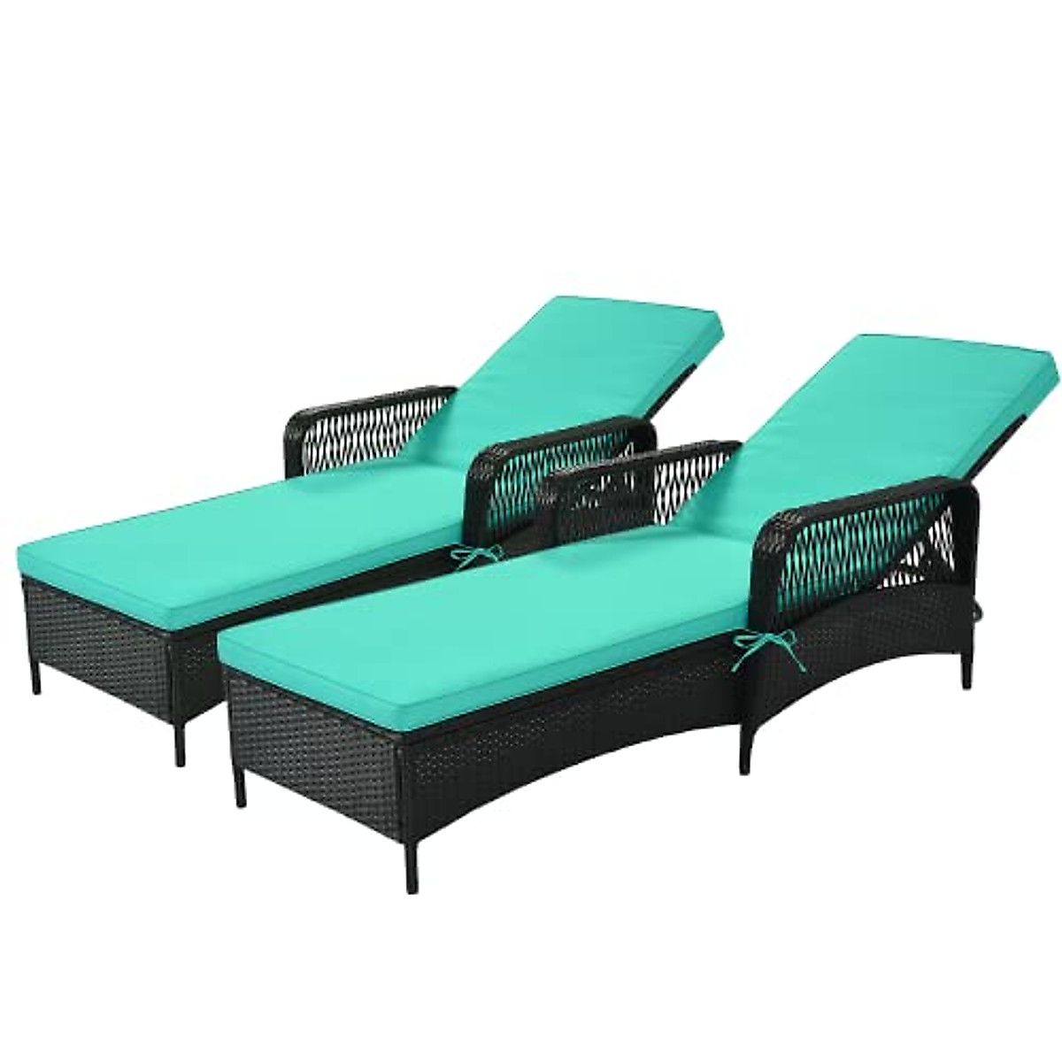 DHHU Foldable Chaise Sun Lounger Terrace, Outdoor Rattan Lounge Chair, Adjustable Back Recliner, (2 Set), Black Wicker/Green Cushion