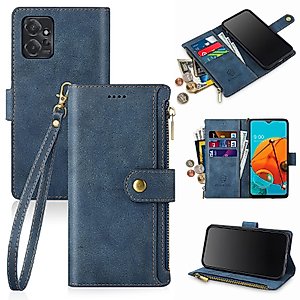 Antsturdy Compatible with Motorola Moto G Power 5G 2023 case Wallet with Card Holder for Women Men Phone case RFID Blocking PU Leather Flip Cover Strap Zipper Credit Card Slots,Blue