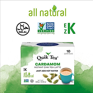 QuikTea Cardamom Instant Chai Tea Latte - 20 Count Single Box - Single Serve Pouches - All Natural & Preservative Free