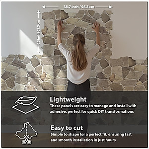 CONCORD WALLCOVERINGS ™ 5 Pack 3D Faux Brick Wall Panels, Beige Grey Wild Stone, Lightweight 38.7" x 25" (98.3 cm x 63.5 cm) PVC Sheets, Decorative Tiles for Living Room, Kitchen - Covers 33.59 Sq Ft