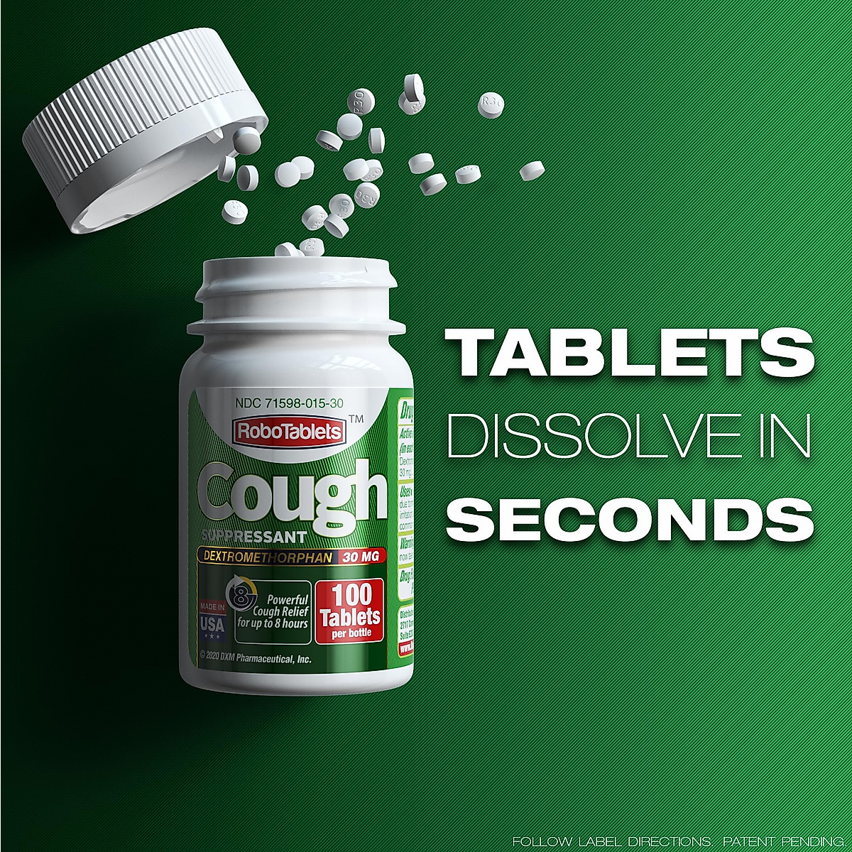 RoboTablets Cough Suppressant, Dextromethorphan 30mg, 100 Doses, 100 Tablets, 5mm Diameter Tablets for Cough Relief
