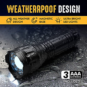 SAMLITE- LED Tactical Flashlight with 5 Options, Bright LED Light, Laser Pointer, UV Blacklight, Green Light and Magnetic Bottom - Water Resistant - (3 AAA Batteries Included)