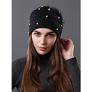 AICHUAN Womens Slouchy Beanie Hat with Real Raccoon Fur Ball Pompom Cotton Pearls Winter Fall Hat