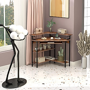 Auromie Corner Desk with Charging Station & LED Light, Triangle Corner Desk with Monitor Stand & Keyboard Tray for Small Space, Gaming Computer Desk with Storage Shelves for Home Office (Rustic)