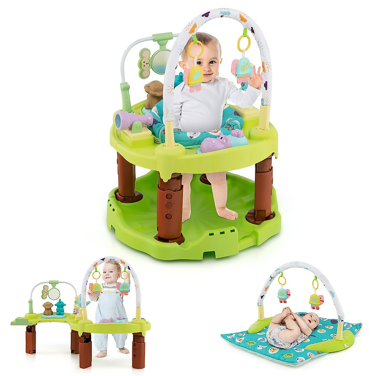 BABY JOY Baby Bouncer Activity Center, 3 in 1 Activity Center & Table | Infant Play Mat, Bouncing Activity Saucer w/Music, 3 Adjustable Height, 360° Seat, Exersaucer for Babies 0-24 Months (Green)
