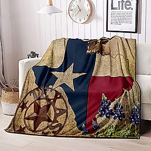 LUVIVIHOME Western Throw Blanket, Texas Flag Cattle Bull Bluebonnet Ranch Wild West Rodeo Cowboy Blanket, Cozy Soft Lightweight Fluffy Fuzzy Warm Plush Flannel Fleece Blanket for Couch, Sofa, 40"x50"