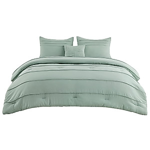 Bedsure Queen Comforter Set - 4 Pieces Pinch Pleat Bed Set, Sage Green Boho Bedding for All Season, 1 Soft Comforter, 2 Pillowcases, 1 Decorative Pillow