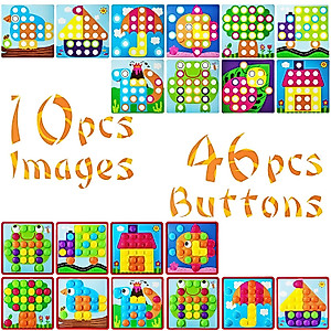 58 Pcs Button Art Toys for Toddlers,Toddler Activities Crafts for Toddlers 2-4 Years,Color Matching Mosaic Pegboard Early Learning Educational Toys,Include 12 Pictures and 46 Buttons with Box