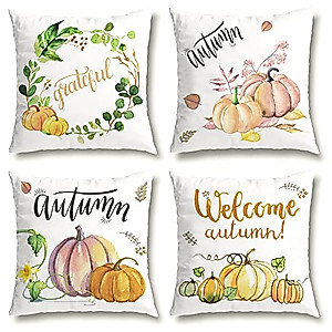 Fall Decor Pillow Covers 18x18 Set of 4 for Fall Decorations,Thanksgiving Decorations Outdoor Farmhouse Pumpkin Decor Throw Pillows Cover Grateful Autumn Decorative Pillow Cases Cushion Case for Couch