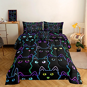 6 Piece Cat Comforter Set Queen Size Bed in A Bag set Cute Black Cat Bedding Set for Girls Boys Kids Teens (with 1 Comforter,1 Flat Sheet,1 Fitted Sheet,2 Pillowcases,1Cushion Cover)Cats 5001-6Pcs Q