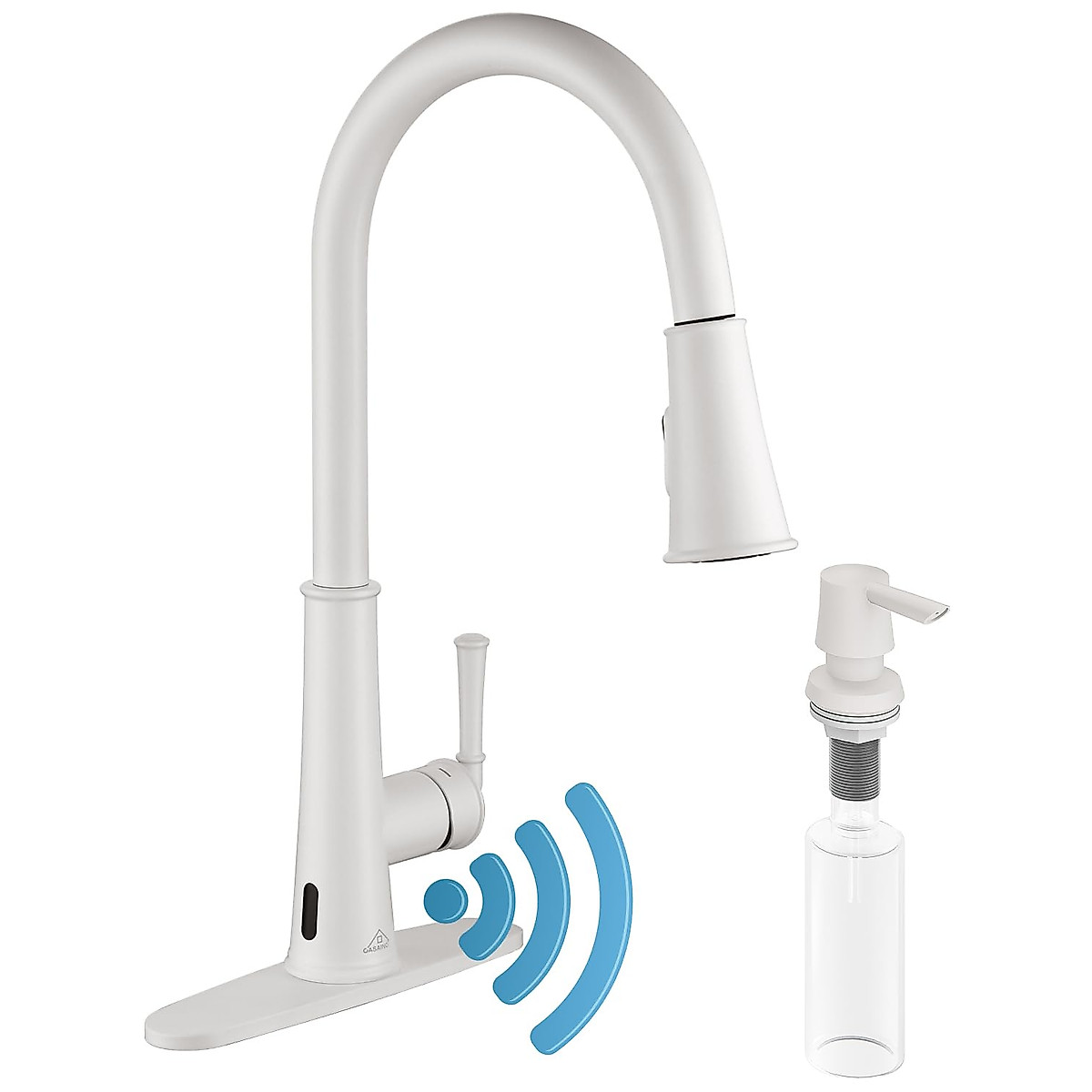 CASAINC Kitchen Faucet with Pull Down Sprayer Matte White with LED Function, 17.31in H Touchless 1.8 gpm Single Handle Kitchen Sink Faucet, Lead-Free Copper for Bar Laundry Kitchen Sink