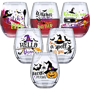 Sliner 6 Pcs Halloween Witch Stemless Wine Glass 11.5 oz Halloween Wine Glass for Halloween Birthday Housewarming Party Ice Coffee Beer Beverages Men Women Friends Families Coworker Funny Gifts